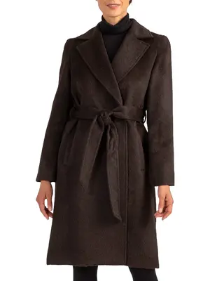 Sofia Cashmere Sofia Cashmere Alpaca And Wool Belted Coat Dark Brown