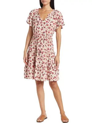 BEACHLUNCHLOUNGE Camila Floral Flutter Sleeve Tiered Dress - Coquelicots