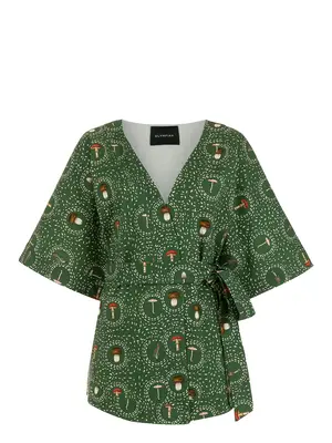 OLYMPIAH Mushroom Print Wrap Top - Green