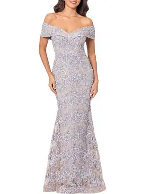 XSCAPE EVENINGS Off-the-shoulder Embroidered Gown - Gold/ Silver
