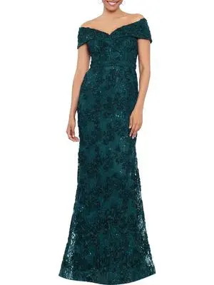 XSCAPE EVENINGS Xscape Evenings Off-The-Shoulder Embroidered Gown Hunter