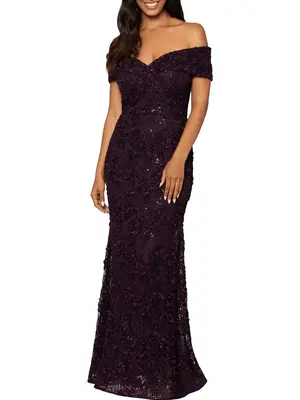 XSCAPE EVENINGS Xscape Evenings Off-The-Shoulder Embroidered Gown Mulberry