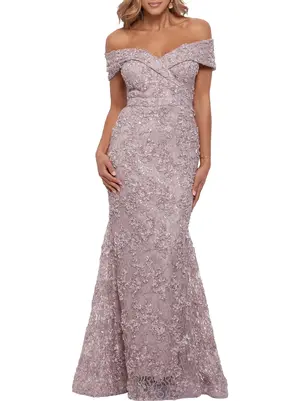 XSCAPE EVENINGS Xscape Evenings Off-The-Shoulder Embroidered Gown Taupe