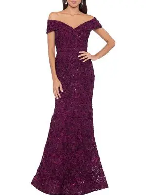 XSCAPE EVENINGS Xscape Evenings Off-The-Shoulder Embroidered Gown Wine