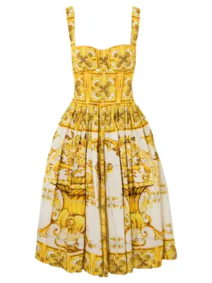 Dolce & Gabbana Pleated Printed Midi Dress - Yellow