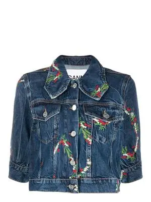GANNI Floral-embroidered Cropped Denim Jacket - Blue