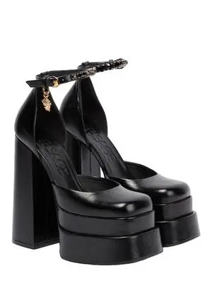 Versace Medusa Aevitas Leather Platform Pumps With Crystal Embellished Ankle Strap - Black