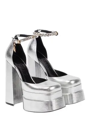 Versace Medusa Aevitas Leather Platform Pumps With Crystal Embellished Ankle Strap - Silver
