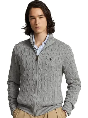 Ralph Lauren Cable-Knit Full-Zip Sweater Fawn Grey Heather