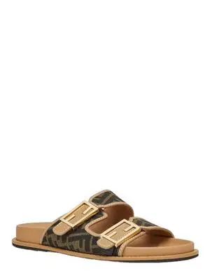 Fendi Feel Busbet Baguette Dual Strap Slide Sandal - Tobacco Nero