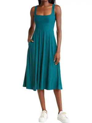 Beyond Yoga Beyond Yoga Featherweight Square Neck Midi Dress Deep Sea Heather