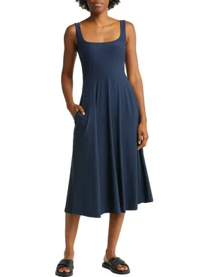 Beyond Yoga Beyond Yoga Featherweight Square Neck Midi Dress Nocturnal Navy
