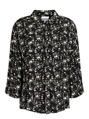 GANNI Floral Print Crepe Blouse - Black