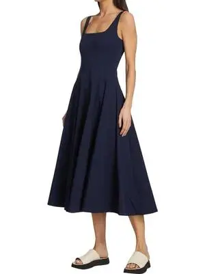 Staud Wells Square-neck Corset Midi Dress Navy