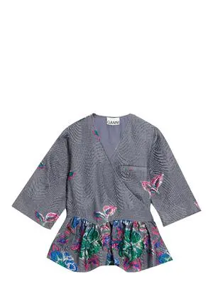 GANNI Fil Coupé Cloqué Wrap Blouse With Metallic Trim - Silver
