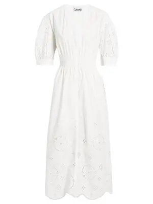 GANNI Shirred Organic Cotton Broderie Anglaise Midi Dress - White