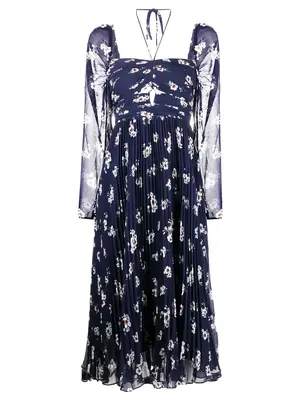 SELF-PORTRAIT Pansy-print Pleated Midi Dress - Blue