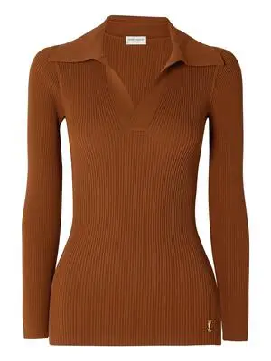 Saint Laurent SAINT LAURENT Embellished Ribbed-knit Polo Sweater Camel