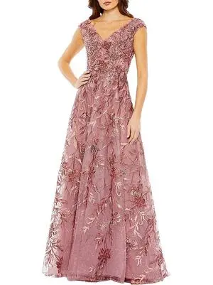 Mac Duggal Embroidered Illusion Cap-sleeve A-line Gown - Cinnamon