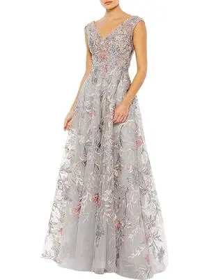 Mac Duggal Embroidered Illusion Cap-sleeve A-line Gown - Multi