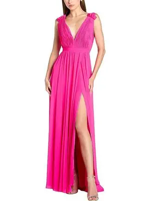 Mac Duggal Chiffon Plunge Neck Gown - Hot Pink
