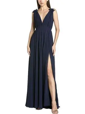 Mac Duggal Chiffon Plunge Neck Gown - Navy