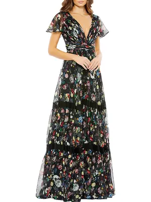 Mac Duggal Floral Plunge Neck Gown - Black Multi