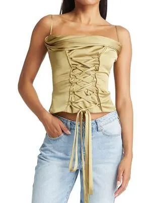 House Of Cb Lace-up Satin Corset Top - Olive