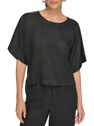 Dkny Drop Shoulder Boxy Linen Top - Black