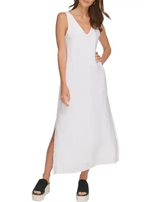 Dkny Sleeveless Linen Maxi Dress - White