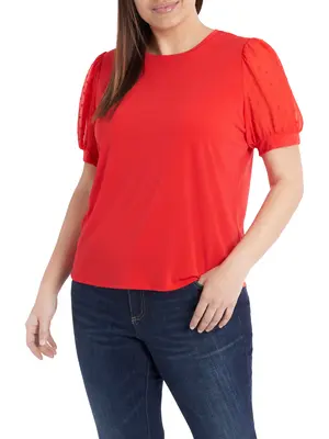CECE DUPRAZ CeCe Puff Sleeve Mixed Media Top Fireball
