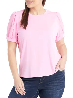 CECE DUPRAZ CeCe Puff Sleeve Mixed Media Top Pink Begonia