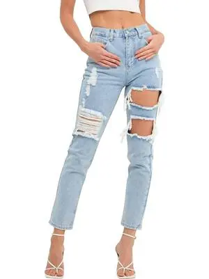 GREY LAB Cutout Ripped High-rise Straight Leg Jeans - Denim