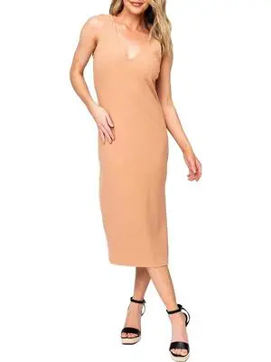 GIBSONLOOK Ribbed V-back Midi Dress - Almond Bisque
