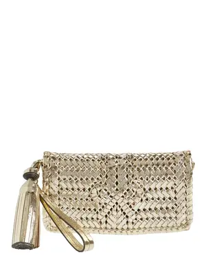 ANYA HINDMARCH The Neeson Herringbone Woven Metallic Leather Tassel Clutch - Platino