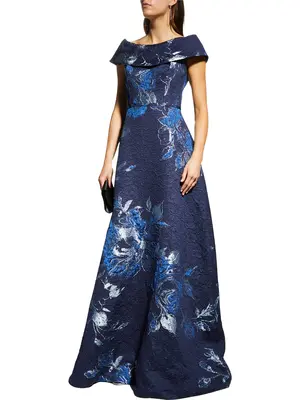 Rickie Freeman For Teri Jon Rickie Freeman For Teri Jon Metallic Flower Jacquard Gown Navy Multi