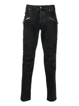 Balmain Washed Stretch Cotton Ribbed Knee Skinny Jeans - Black