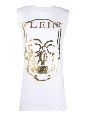 Philipp Plein Metallic Skull Print T-shirt Dress - White