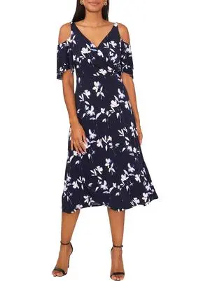 Chaus Cold Shoulder Floral Midi Dress - Evening Navy