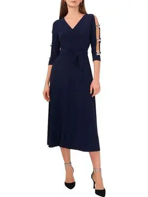 Chaus Rhinestone Sleeve Fit & Flare Midi Dress - Navy