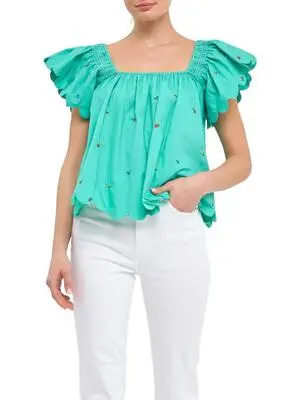 English Factory Floral Embroidered Cotton Top - Emerald