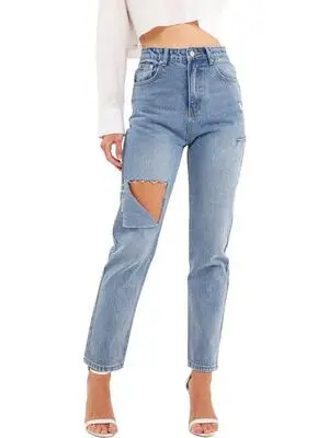 GREY LAB Grey Lab Ripped High-Rise Slim Straight Jeans Denim