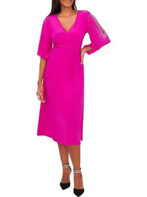 Chaus Embellished Faux Wrap Midi Dress - Berry Pink