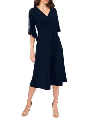 Chaus Embellished Faux Wrap Midi Dress - Navy