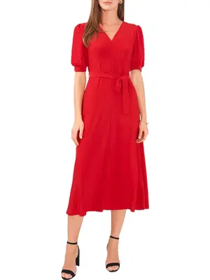 Chaus Chaus Clip Dot Puff Sleeve Tie Front Midi Dress Cece Red