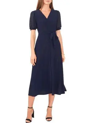 Chaus Clip Dot Puff Sleeve Tie Front Midi Dress - Jbs Navy