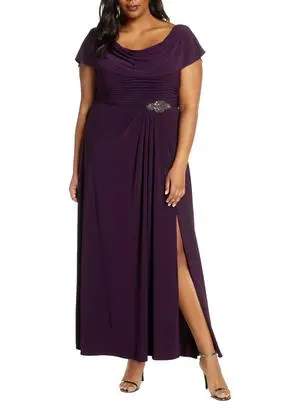 Alex Evenings Cowl Neck Beaded Waist Gown - Eggplant