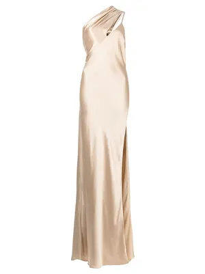 Michelle Mason Side-slit One-shoulder Gown - Gold