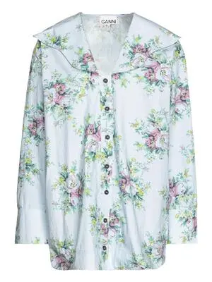 GANNI Floral Print Organic Cotton Poplin Shirt - Light Blue