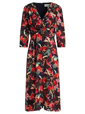 Saloni Eve Floral-print Silk Crepe De Chine Midi Dress - Black